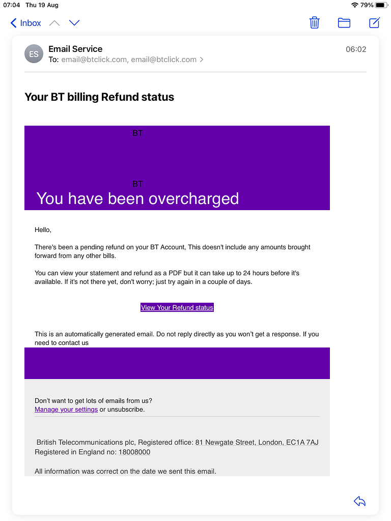 BT Overcharge Refund Scam - Lounge - Naim Audio - Community